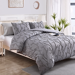 GlowSol Grey Duvet Covet Set Branches Jacquard Tufted Pattern, 3 Pieces Bedding Set Super Soft Embroidery Shabby Chic Bedding Duvet Cover, 90"×90" + 20"×26"×2