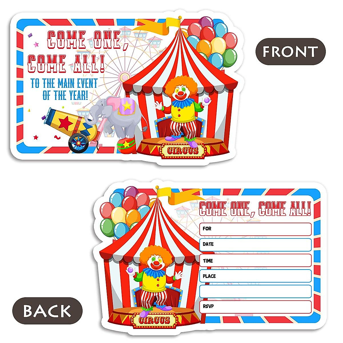 MUZRUYOU Carnival Circus Birthday Party Invitations card for Kids with Envelopes, Carnival Circus Party Supplies(20set