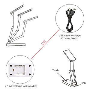 LED Table Lamp Portable Folding 24 Desk Light, Port 4 * AA Batteries Powered Operated with Sensitive Touch Control 3 Levels Adjustable Brightness Dimmable USB Charging for Students Reading Working