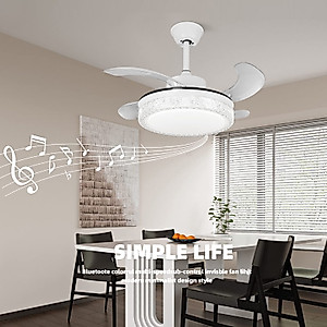 HOREVO Retractable ceiling fans with lights and Bluetooth speaker 42 Inch Fandelier Invisible Blades Chandelier Fan Color Changing Dimmable Hidden Bluetooth Ceiling Fan with lights with remote