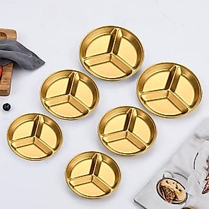 6 Pack Appetizer Plates, Mini Sauce Dishes, Side Dish Bowls, Soy Sauce Dish, Small Bowl/Dish for BBQ, Condiments, Appetizer, Dessert, Sushi, 3 sizes, large, medium and small. (Golden, 3 Compartment)