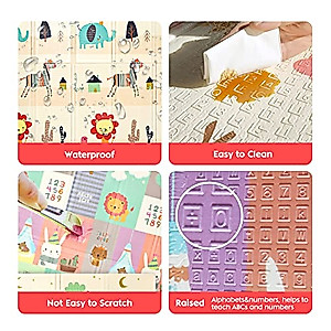 Baby Play Mat, 79 x 71 x 0.4 Inch Folding Baby Crawling Mat, Waterproof Reversible Playmat for Infants, Toddler, Kids, Indoor Outdoor Use (Elephant & Lion)