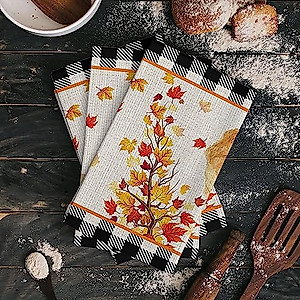 Yun Nist Kitchen Dish Towels,Golden Retriever Fall Orange Leaves Soft Microfiber Dish Cloths Reusable Hand Towels,Thanksgiving Dog Plaid Washable Tea Towel for Dishes Counters 1 Pack