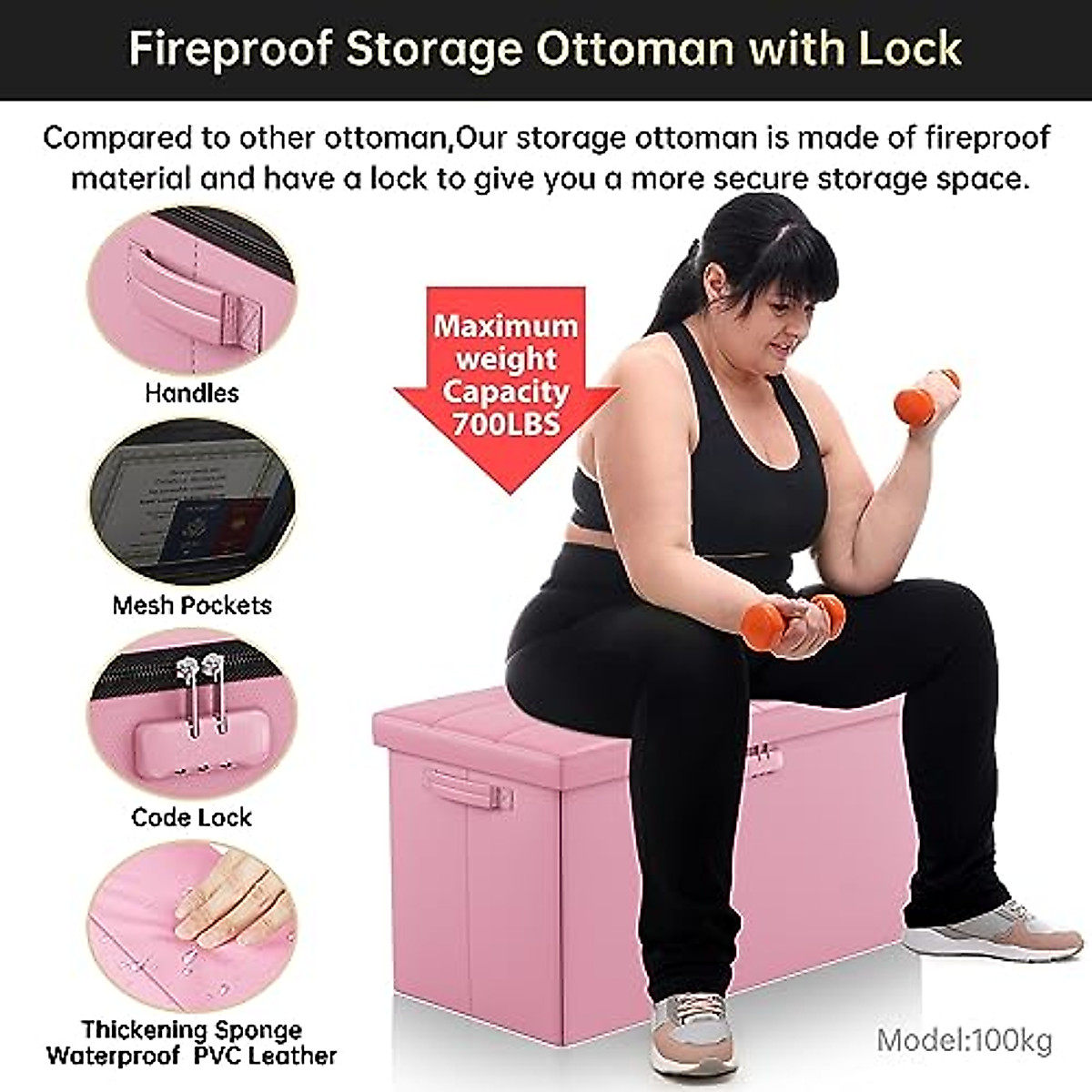 ENGPOW Storage Ottoman Bench,Fireproof Folding Storage Bench with Lock,30 Inches Fire＆Water Resistant Storage Chest Foot Rest Stool Leather Bedroom Bench with Storage Safe for Document,Valuables,Pink