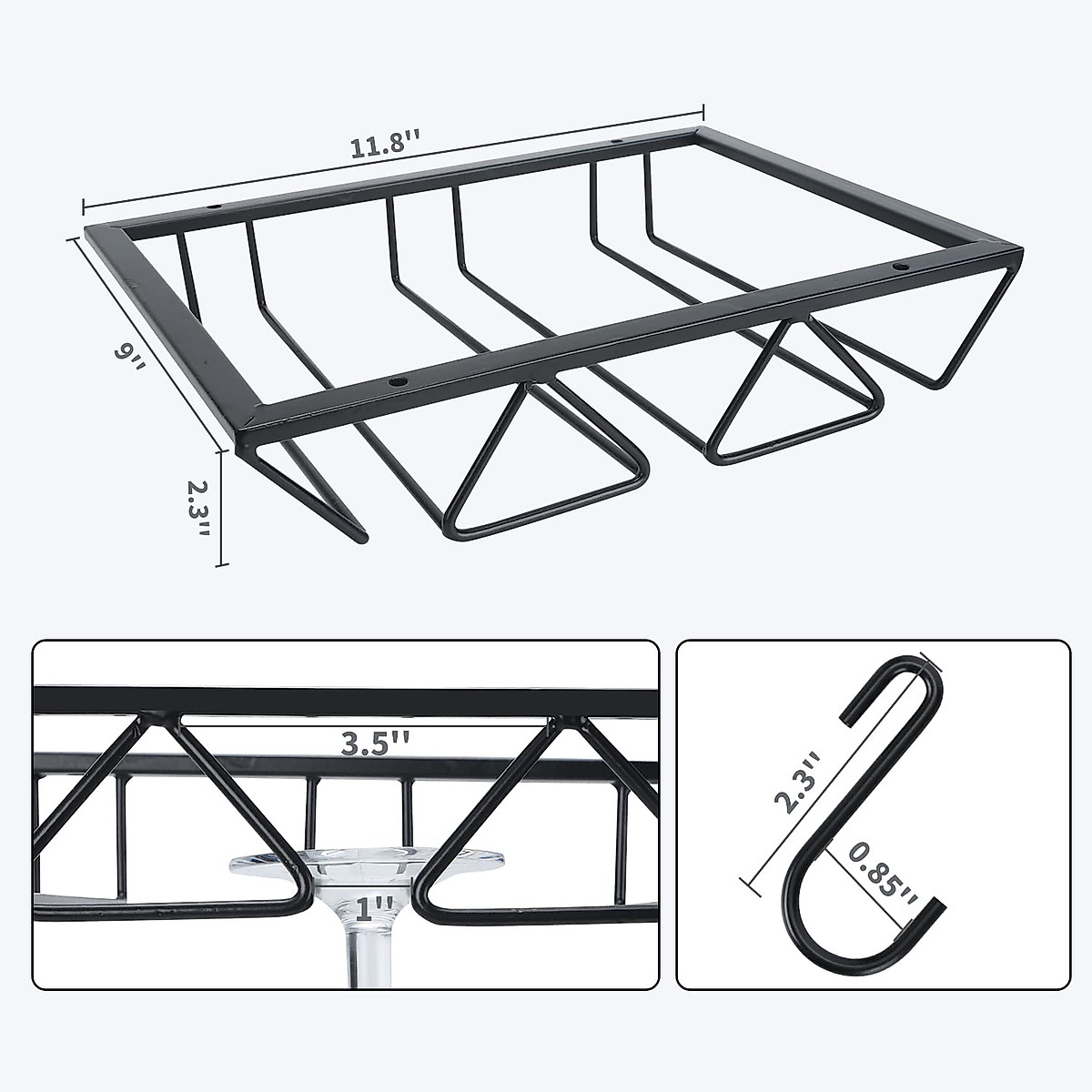 PTBeenta Wine Glass Rack, Metal Wine Glasses Holder Under Shelf & Cabinet, Hanging Stemware Rack Organizer for Bar Cabinet Kitchen, Wine Glass Drying Racks Hanger, Black, 3 Rows 2 Pack