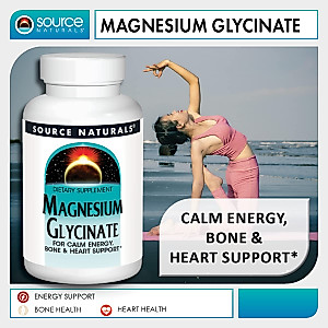 Source Naturals Magnesium Glycinate, for Calm Energy, Bone & Heart Support*, 200 mg per Serving - 120 Tablets