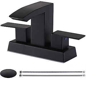 Friho Rectangular Spout 4 Inch Two Handle Centerset Matte Black Bathroom Faucet,Waterfall Bathroom Sink Faucet Lavatory RVs Vanity Faucets for Sink 3 Hole with Water Hoses and Pop up Drain