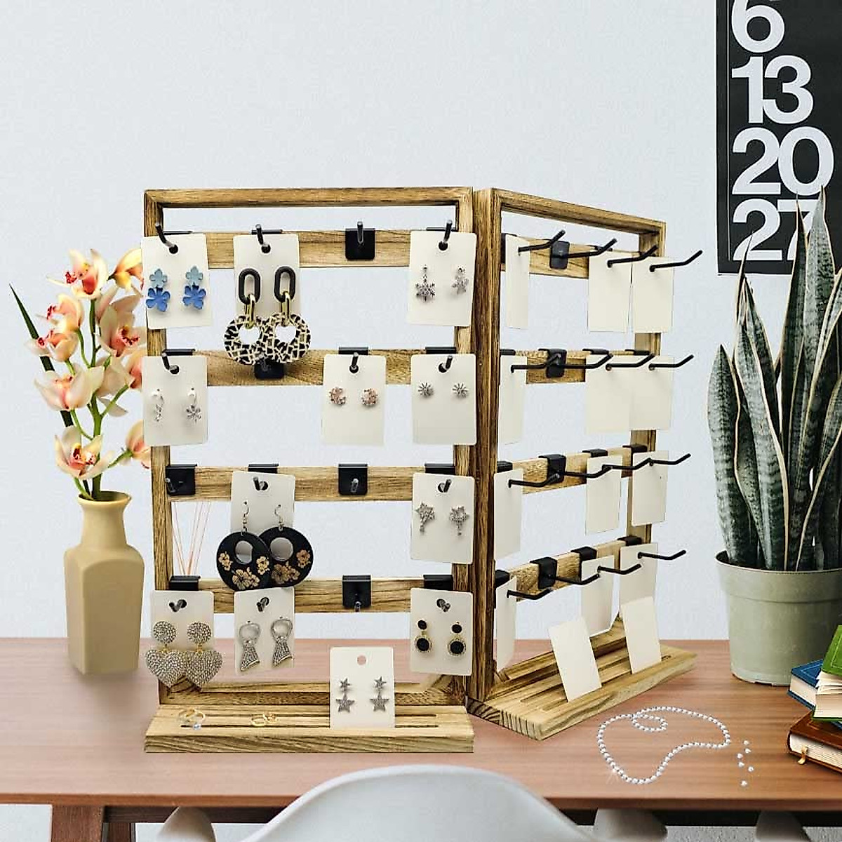 Jewack Wooden Foldable Jewelry Display Stand with Removable 32 Hooks, Earring Cards necklace bracelet Keychain Showcase Cascading Merchandise Organizer For Selling For vendor events