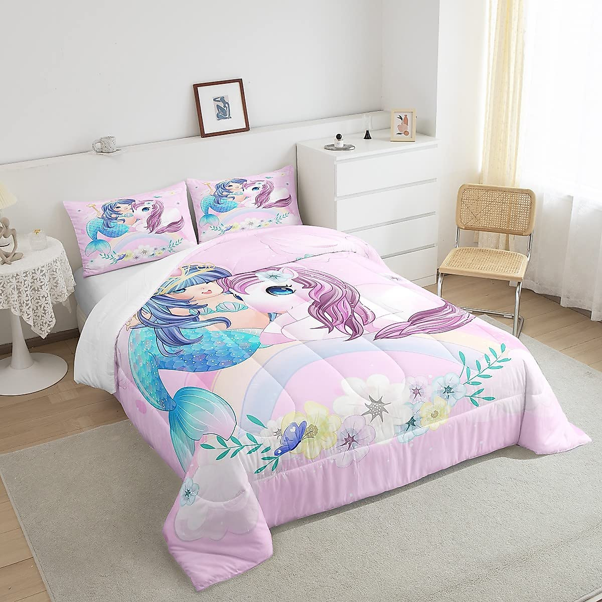 Erosebridal Blue Mermaid Bedding Comforter Sets for Girls Cute Unicorn Bedding Sets Twin 2pcs Kids Dreaming Girly Rainbow Duvet Insert Chic Floral Flower Quilt,Pink Bedroom Decor Aesthetic for Women