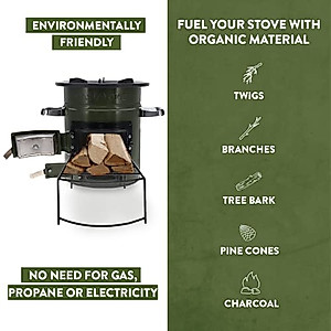 GasOne Premium Wood Burning Rocket Stove Camping for Backpacking, Hiking, RV and Survival - Insulated Barrel Stove Kit with Silicone Handles – Military Green