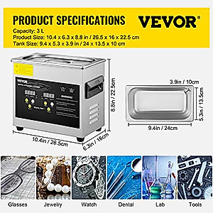VEVOR 3L Upgraded Ultrasonic Cleaner (200W Heater,120W Ultrasonic) Professional Digital Lab Ultrasonic Parts Cleaner with Heater Timer for Jewelry Glasses Parts Cleaning