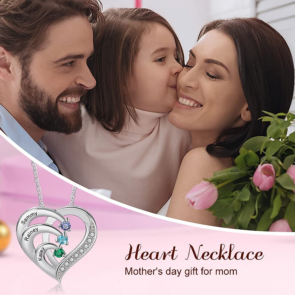 kaululu Gifts for Mom Personalized Birthstone Name Necklace for Women Best Custom Heart Necklace Build Your Mom Wife Girlfriend Birthday Gifts Christmas Gifts for Women