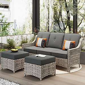 ovios 3 Piece Outdoor Patio Furniture with 3 Seat Sofa & Ottoman,Rattan Wicker Coversation Set with High Back,Sectional Sofa for Outside Porch Balcony Backyard Pool,Black