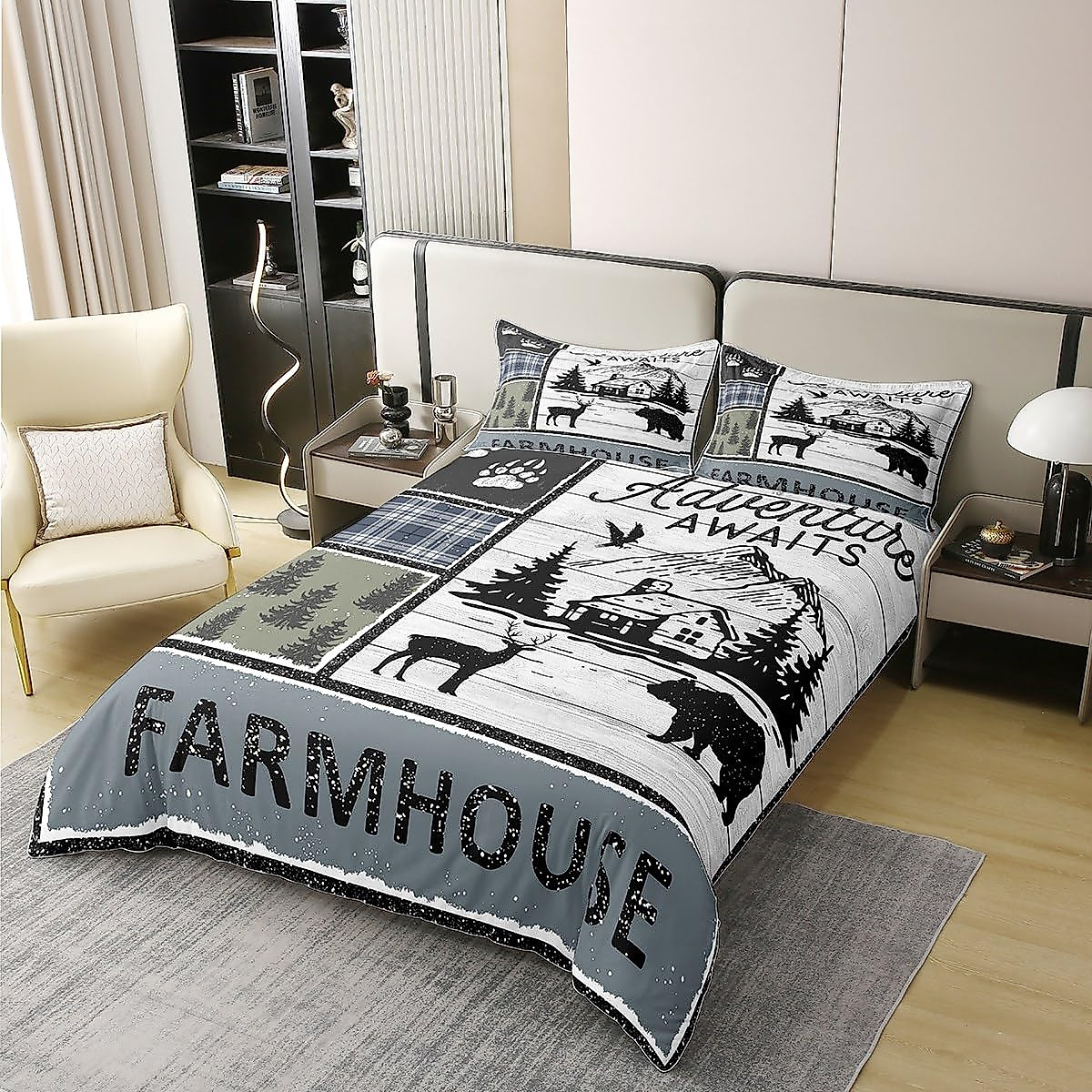 Erosebridal 100% Cotton Farmhouse Deer Comforter Cover King Woodland Bear Moose Elk Bedding Set, Rustic Reindeer Lodge Cabin Vintage Country Pine Trees Blue Checkered Buffalo Plaid Duvet Cover