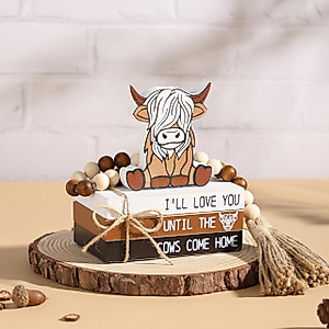 5PCS Highland Cow Decor, Farmhouse Tiered Tray Decor, Wooden Book Stacks Rustic Table Centerpiece for Home Room Mantle Fireplace Shelf