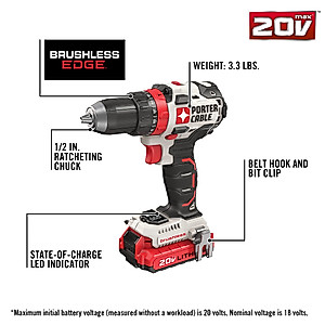 PORTER-CABLE 20V MAX* Cordless Drill / Driver Kit, 1/2-Inch (PCCK607LB)