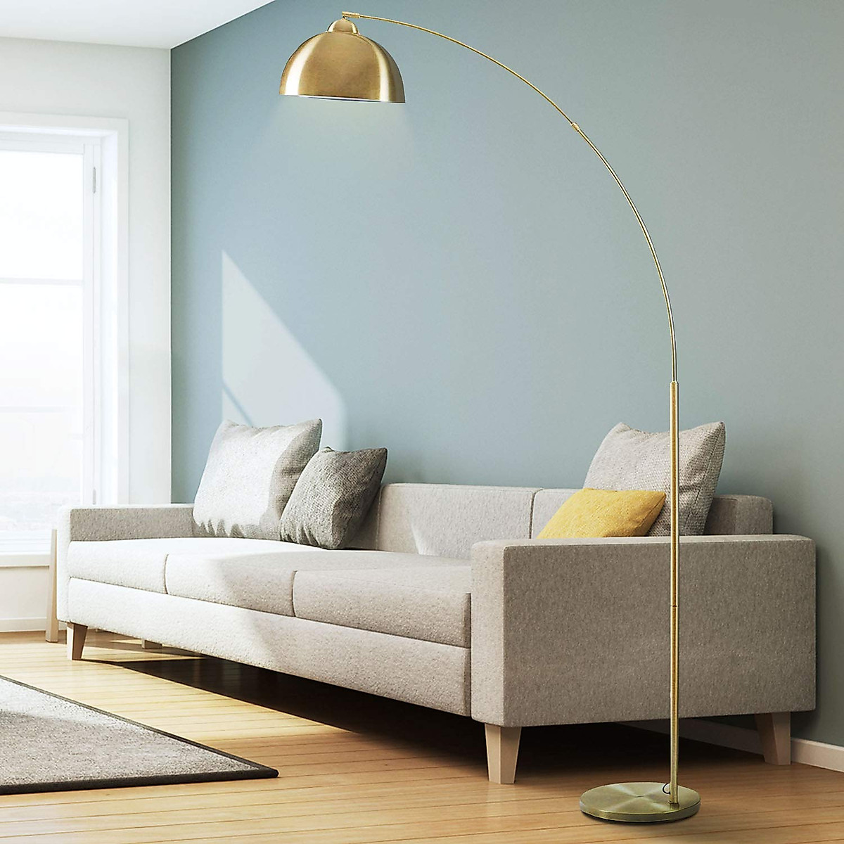 Archiology Arc Floor Lamp, 79" Height Gold Brass Floor Lamp Curved, and Metal Dome Shade with Glossy White Interior Perfect for Living Room Reading Bedroom Home Office