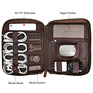 Polare Full Grain Leather Travel Cable Organizer Case Electronics Accessories Carry Bag with YKK Zippers Tech Storage Bag for Cables, Power Bank, USB, SD Card, Travel Essentials