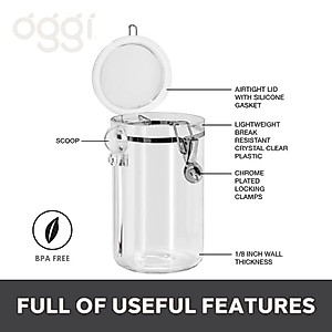 OGGI Clear Canister Airtight 59oz - Clamp Lid & Spoon - Airtight Food Storage Containers, Ideal for Kitchen & Pantry Storage of Bulk, Dry Food Including Flour, Sugar, Coffee, Rice, Tea, Spices & Herbs