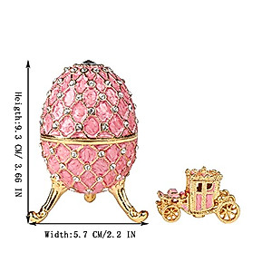 QIFU Vintage Pink Faberge Egg Style Enameled Trinket Box Hinged with Mini Royal Carriage