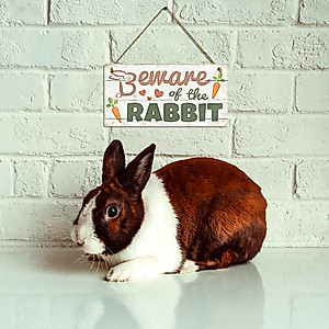 Putuo Decor Rabbit Sign, Outdoor Funny Bunny Decor, Decorative Garden Sign for Porch, Patio, 10x5 Inches Hanging Plaque - Beware of The Rabbit