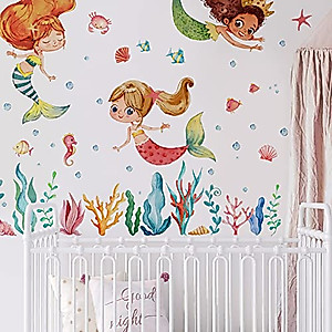Mfault Multicultural Mermaid Under The Sea Animal Wall Decal Stickers, Ocean Creature Marine Life Seaweed Nursery Decoration Baby Girl Bedroom Playroom Art, Underwater Toddler Kid Room Bathroom Decor