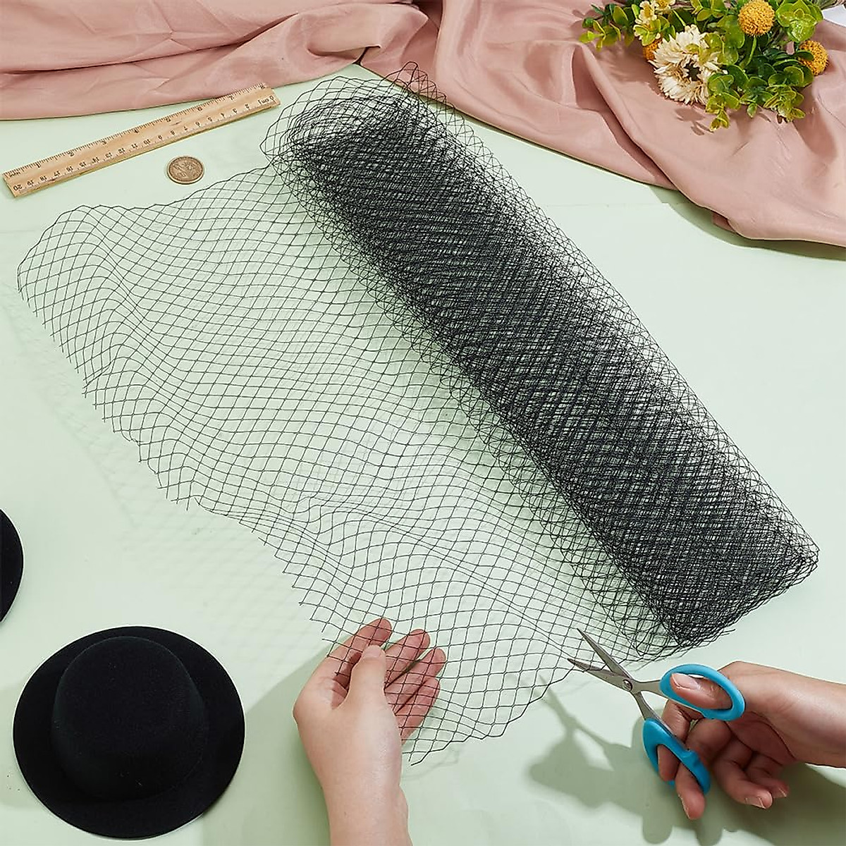 BENECREAT 2.18 Yards Birdcage Veil Netting Fabric, 17inch Wide Organza Tulle Fabric Net Mesh Black Russian Netting Hat Veil Millinery for Wedding, Sewing, Dress Decoration