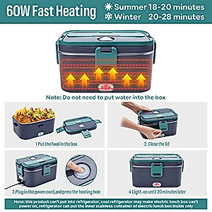 BlumWay Electric Lunch Box, 1.8L Food Heated Electric Lunch Box Leak-proof, 60W Heating Lunch Box with 304 Stainless Steel, 3 in 1 for 12V 24V 110V Portable Lunch Warmer for Office Car Truck