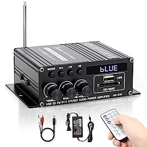 AK-370 Bluetooth Audio Amplifier with 12V/5A DC Power Supply,2.0 Channels Bluetooth Amplifier Supports Bluetooth/RCA/USB Flash Drive/SD Card Input and FM Function