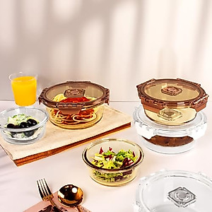 LIUYWYHCF Extra Large Glass Storage/Baking Containers with Lids (6 Pieces Total) Set of 3, Meal Prep Food Airtight and lunch Container, Microwave, Freezer and Dishwasher, Amber Round