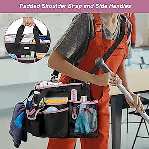 LoDrid Cleaning Caddy Bag with Handle and Shoulder Strap, Cleaning Supplies Organizer for Cleaning Work with 3 Compartments and Multifunctional Pockets, Black with Pink Edge