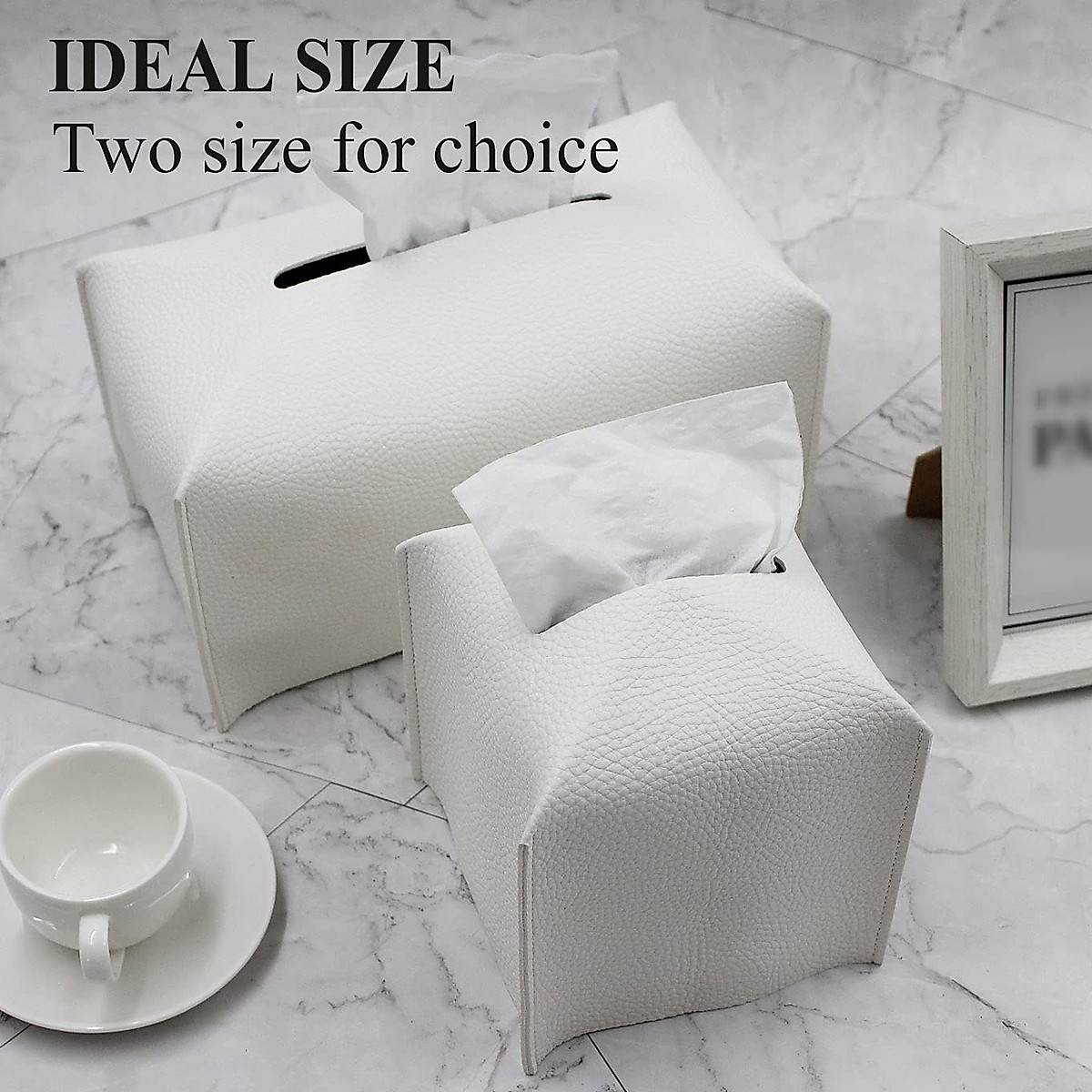 Livelab Tissue Box Cover, Modern Decorative PU Leather Rectangular Tissue Box Case Organizer Holder for Vanity Countertop, Night Stands, Livingroom, Office Desk & Car 9.5X5X5'' | Off White