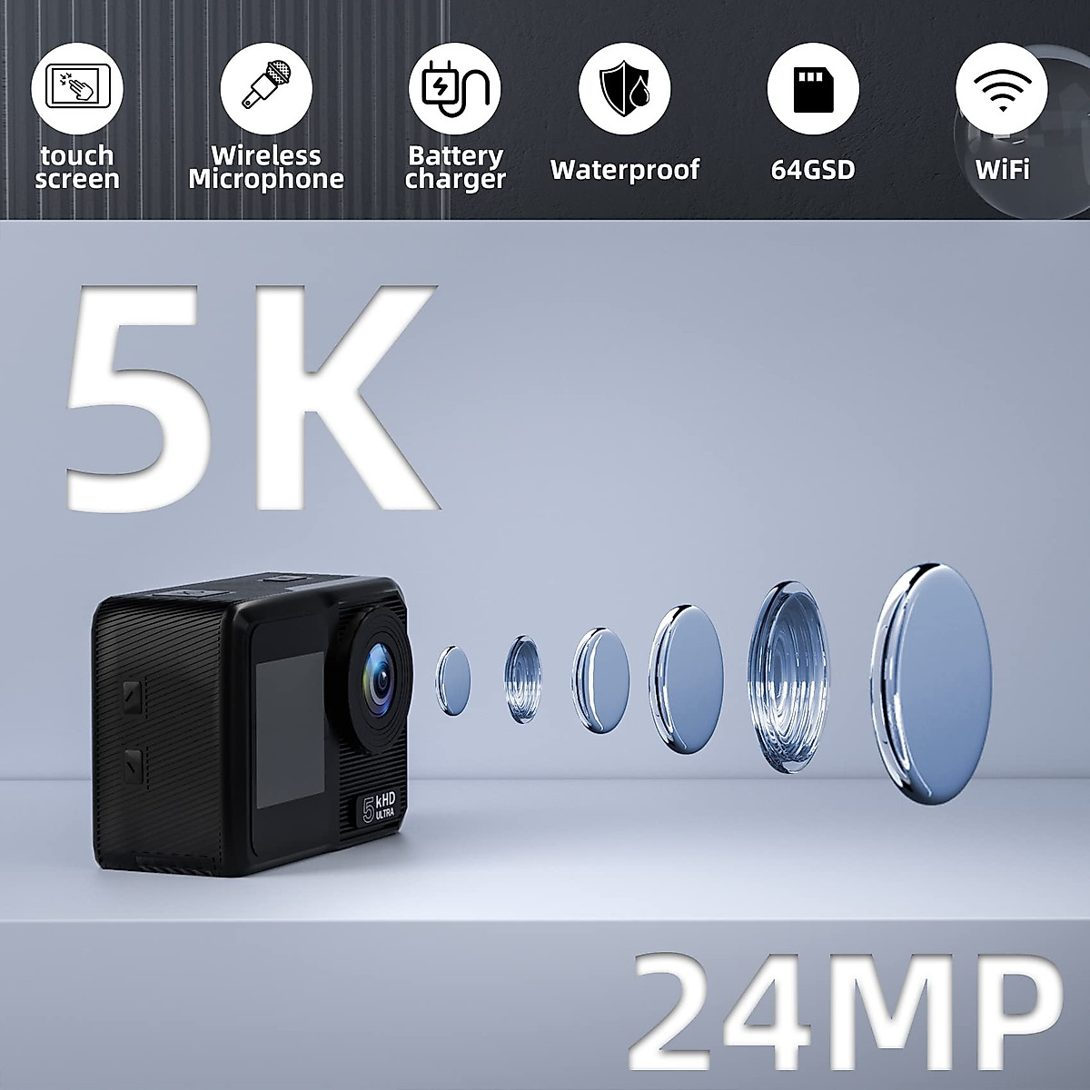 5K 24MP Action Camera, Ultra HD 131FT Underwater Cameras with Dual Touch Screen, Waterproof Video Camera Wireless Microphone and Remote Control Sports Cameras with 64G SD Card & Accessories Kit