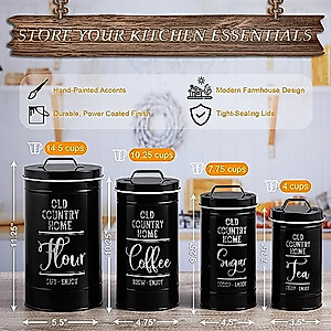 DAYYET Black Canisters Sets for the Kitchen, Airtight Kitchen Canisters for Countertop, Flour and Sugar Containers, Tea Coffee Sugar Canister Set, Black Kitchen Decor and Accessories, Set of 4