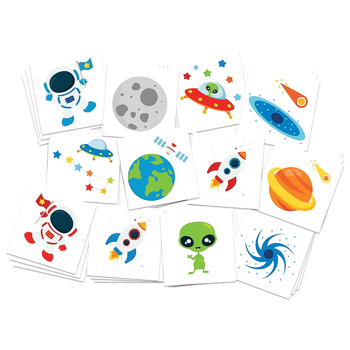 FashionTats Space Explorer Temporary Tattoos | 36 Pack | Kids Party Favors | Skin Safe | Spaceships - Planets - Astronauts - Galaxies - Black Holes - Aliens | MADE IN THE USA | Removable