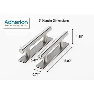 Adherion Adhesive Cabinet Stick On Door Handles 5" | No Drilling Stick On Handle for Drawers Doors Wardrobes Windows | 3M Handle Adhesive | 2 Pack Brushed Nickel | All Metal Stick On Cabinet Handles |