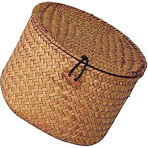 Decorative Wicker Storage Bins with Lids Woven Rattan Seagrass Storage Basket Round Household Organizer Boxes for Organizing Shelves Bathroom Bedroom