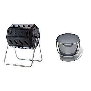 FCMP Outdoor IM4000 Dual Chamber Tumbling Composter (Black) & OXO Good Grips Easy-Clean Compost Bin - Charcoal - 0.75 Gal/2.83 L