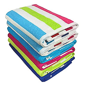 Ben Kaufman Cabana Stripe Beach & Pool Towel - Large Cotton Terry Beach Towel - Soft & Absorbant - Assorted Colors - 30" x 60" - 6 Pack