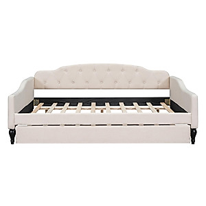 Upholstered Full Daybed with Twin Size Trundle, Full Size Daybed Frame with Button Tufted and Wingback Design, Wooden Full Sofa Bed for Livingroom Bedroom, No Box Spring Needed,Beige