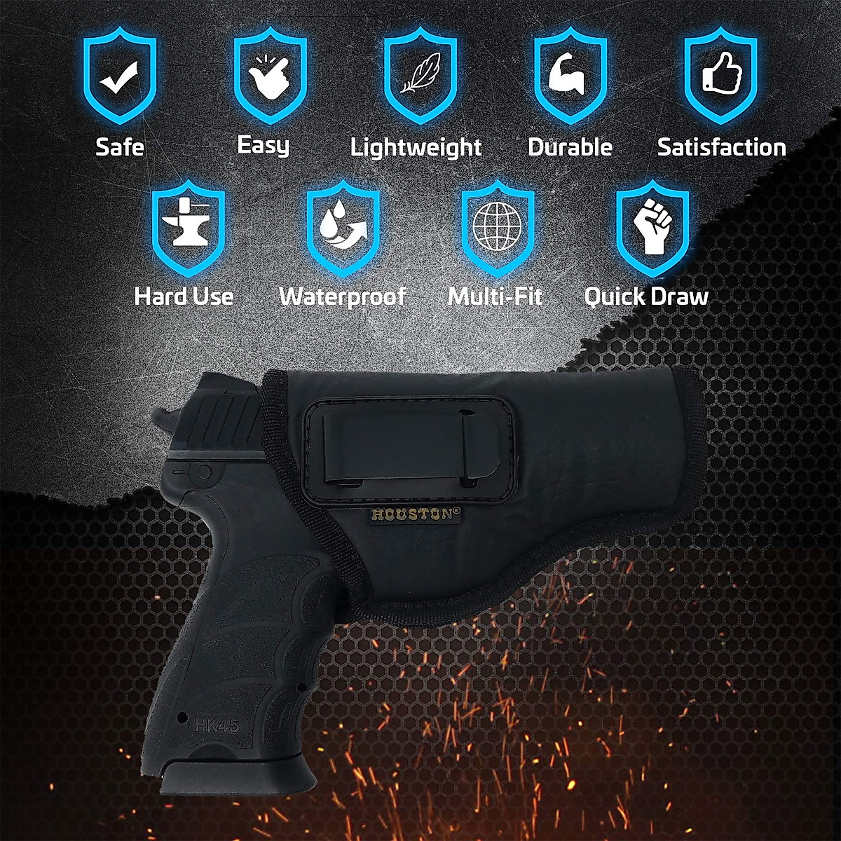 IWB Gun Holster by Houston - ECO Leather Concealed Carry Soft Material - FITS Glock 17/21, H &K,Beretta 92 FS,XDM,Ruger 45 BERSA PRO,PX4,FNX 45,FNH 45,HI Point 9/40/45 MM (Right) (CHP-57B-RH)