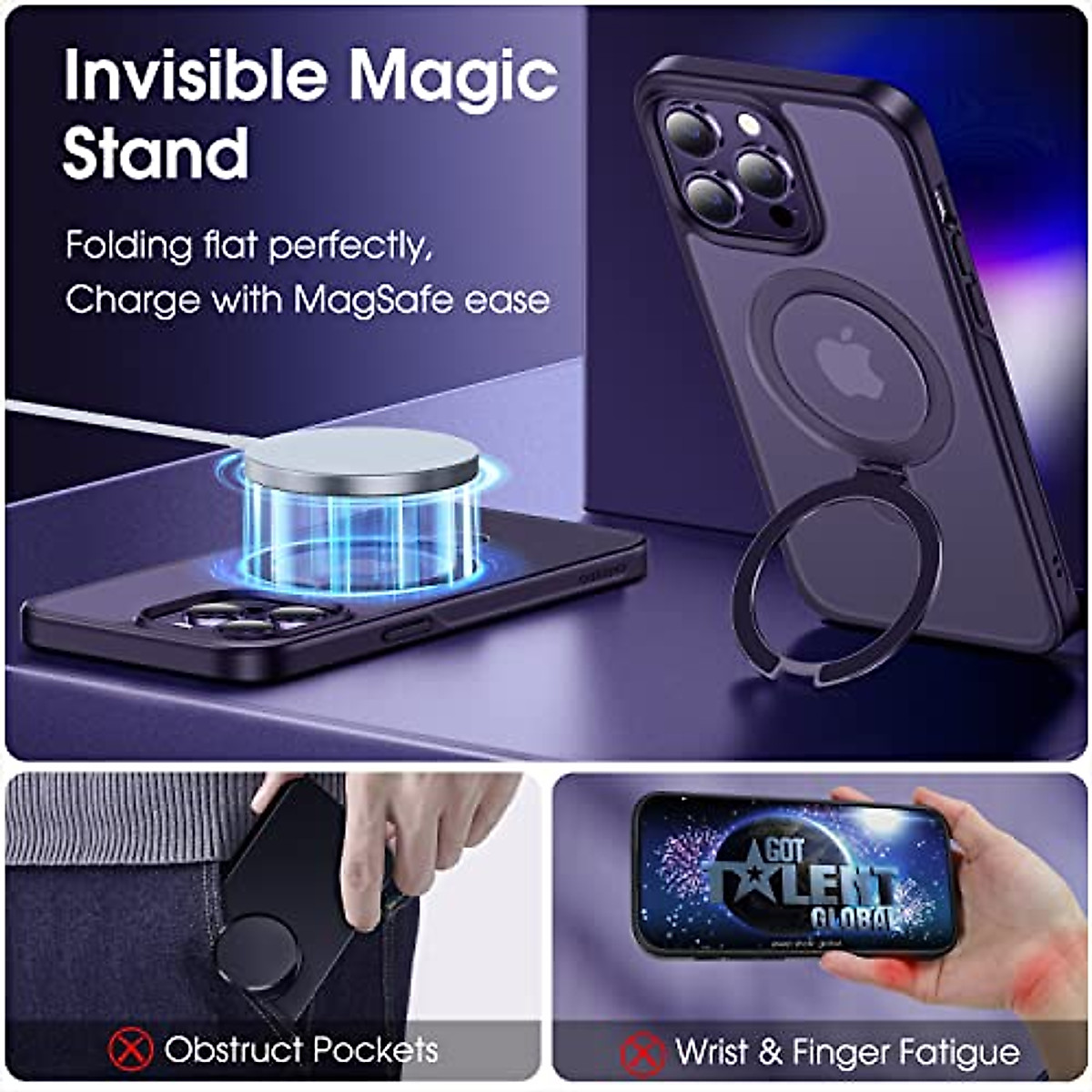 CASEKOO for iPhone 14 Pro Case with Magnetic Invisible Stand [Military Drop Protection] [Compatible with MagSafe] Shockproof Slim Translucent Matte Ring Holder Phone Case Men Women 6.1 Inch, Purple