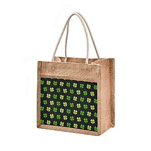 Tote Bag Patrick's Day Clover Leaves Shamrock Green Black Jute Burlap Wedding Bridesmaid Gift Bag Grocery Storage Bag