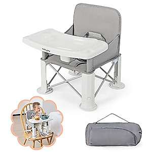 BABY JOY Travel Booster Seat with Double Tray, Folding Portable High Chair Booster Seat for Dining Table, Indoor/Outdoor Use, Camping, Beach, Lawn, Compact Baby Seat with Straps & Carrying Bag