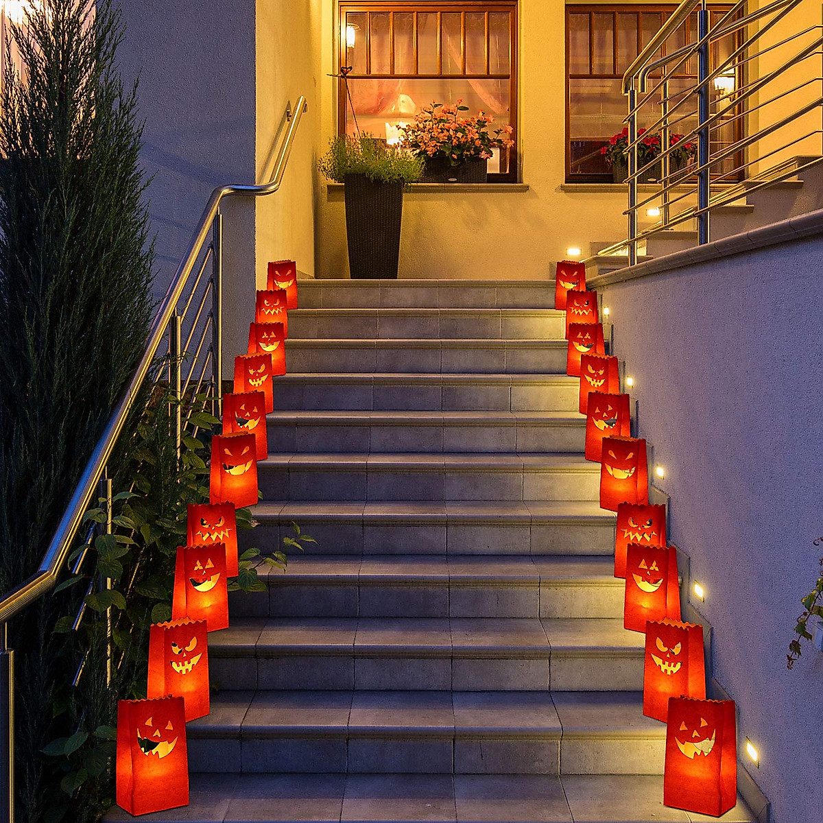 20 Pieces Halloween Luminary Candle Bags Flame Resistant Candle Bags in 5 Kinds of Pumpkin Grimace Patterns for Halloween Party Supplies