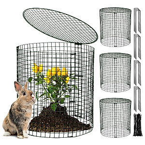 Hiboom 4 Set Garden Plant Protectors from Animals with Stakes, Metal Mesh and Detachable Covers Wire Plant Cage for Keeping Bunny Animals Out, Chicken Wire Plant Cover Garden Protection (Dark Green)