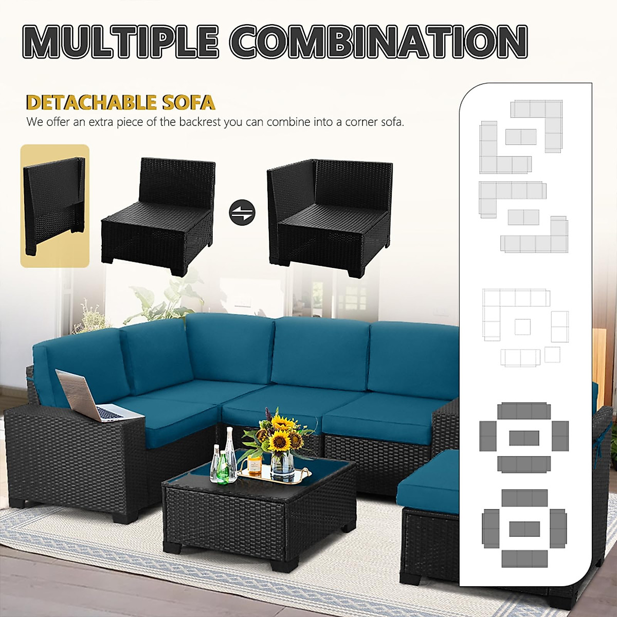 12 Piece Modular Wicker Outdoor Patio Sectional Furniture Sofa Set w/ Cushion, Outdoor Conversation Couch Set with Sloping Backrest and Wide Arm for Patio, Garden(Black Frame / Peacock Blue Cushion)