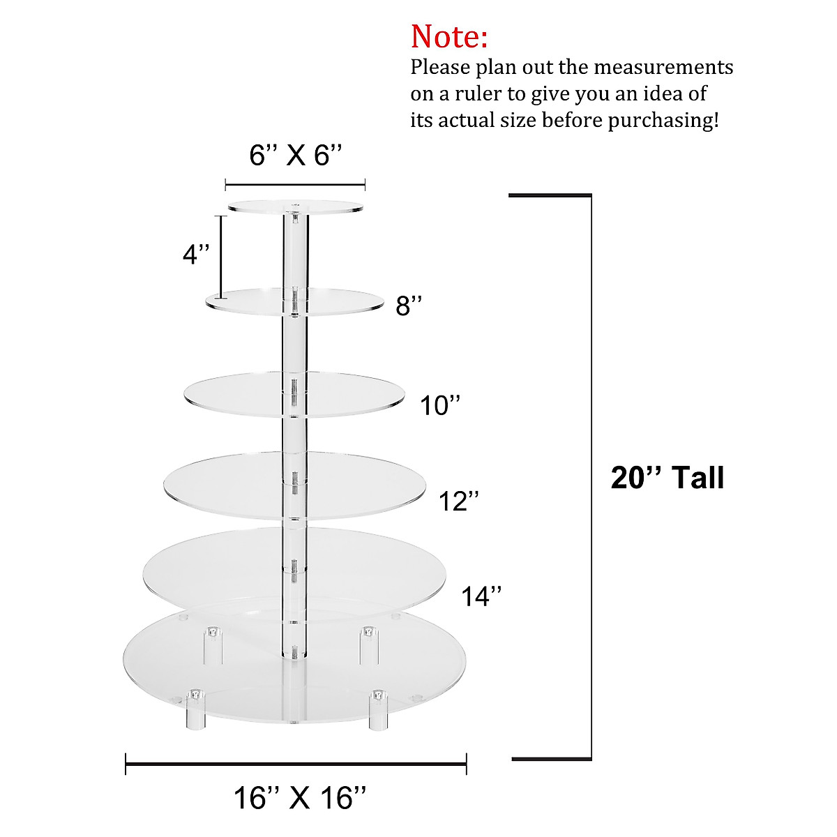 Jusalpha® Large 6-Tier Acrylic Glass Round Wedding Cake Stand- Cupcake Stand Tower/Dessert Stand- Pastry Serving Platter- Food Display Stand (Large with Rod Feet) (6RF)
