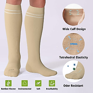 LEVSOX Compression Socks for Pregnant Women 20-30 mmHg Knee High Viscose for Bamboo Cute Funny Mens Supports Socks for Nurses, Medical, Travel and Flight, Wheat