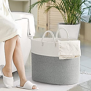 INDRESSME Tall Laundry Hamper with Handles, Cotton Rope Basket for Blankets Toys Yoga Mat, Dirty Clothes Basket Hampers for Bedroom or Laundry, 19.7 x 11.8 x 16.9 inches, Gray